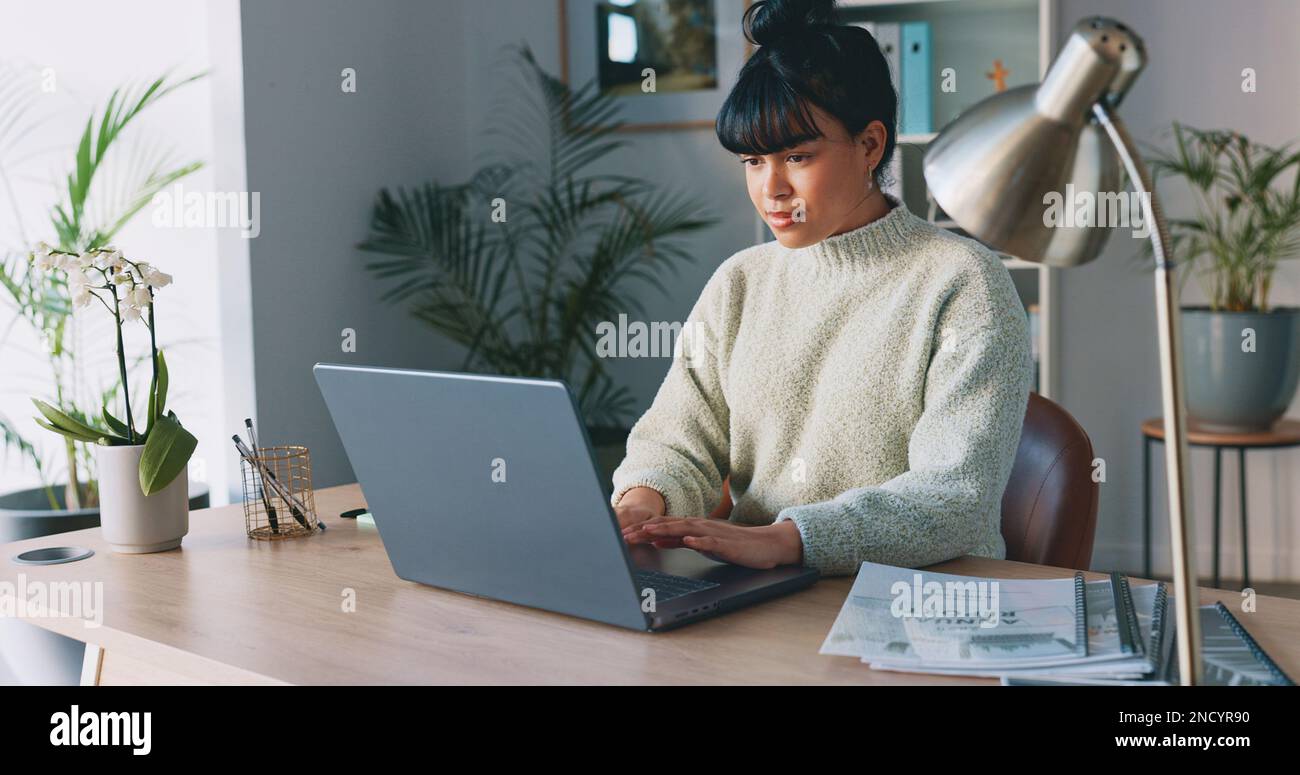 Office, laptop and business woman portrait happy for career in digital ...