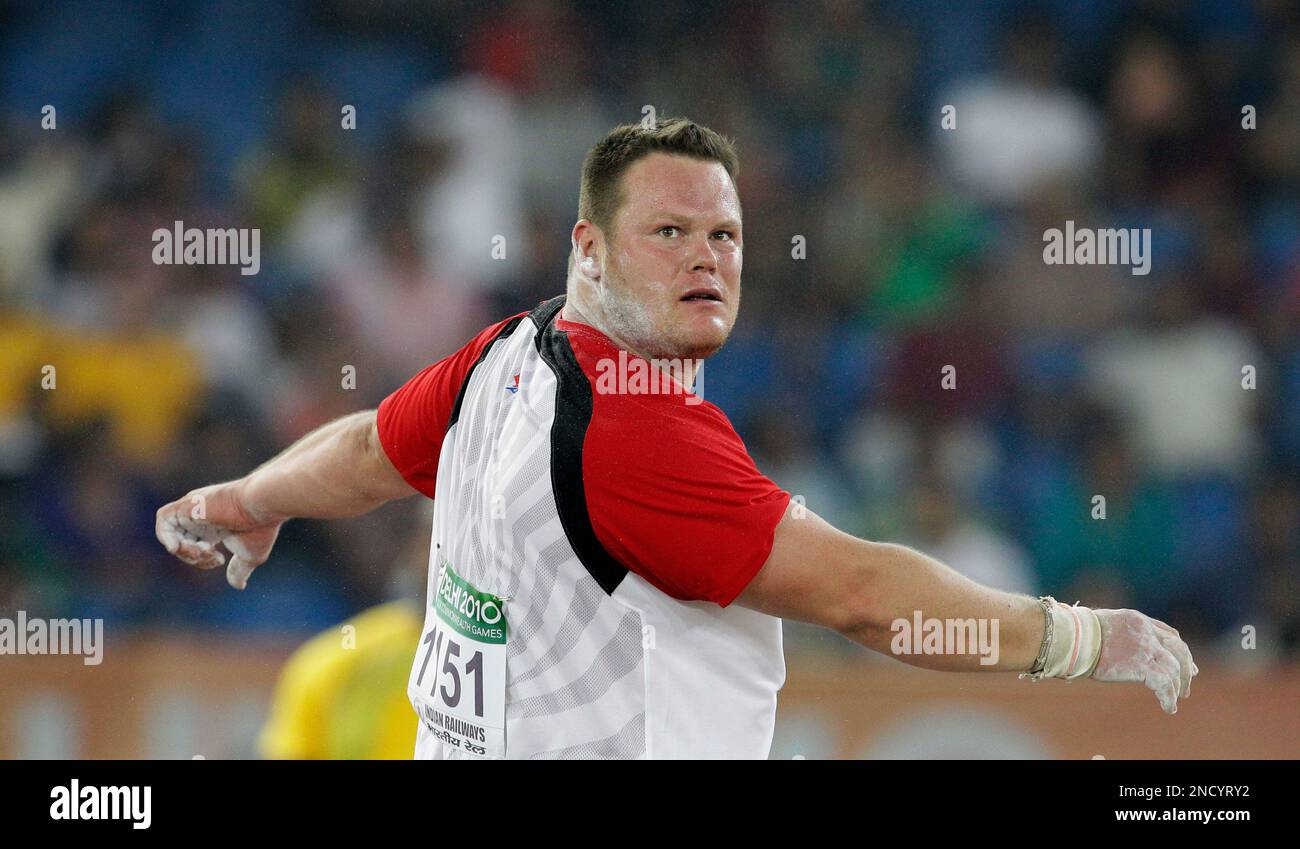 Canada's Dylan Armstrong looks at his throw in the Men's Shot Put final ...