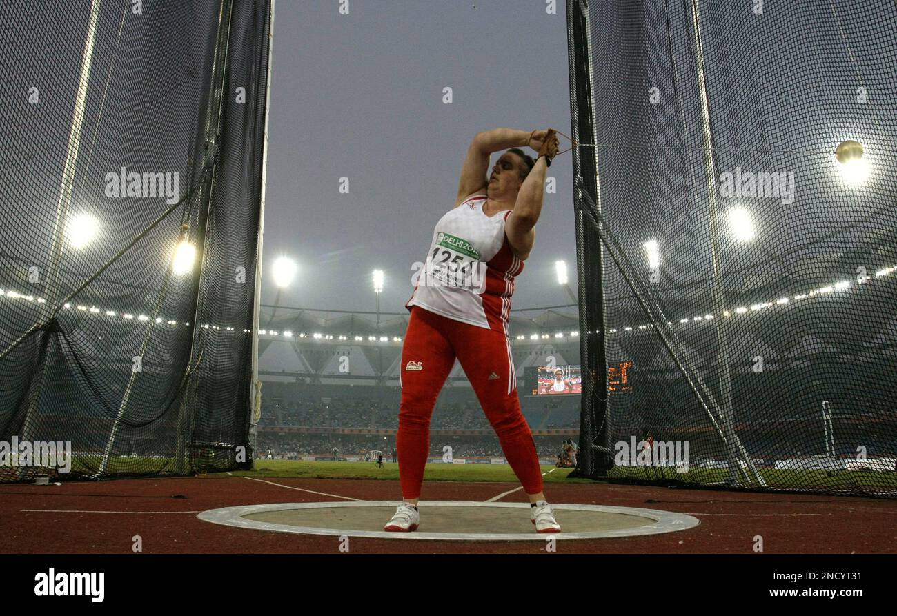 England's Zoe Derham competes in the Women's Hammer final during the ...