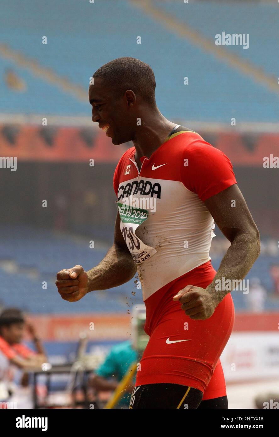Canada's Jamie Adjetey-Nelson reacts after taking a jump in the ...