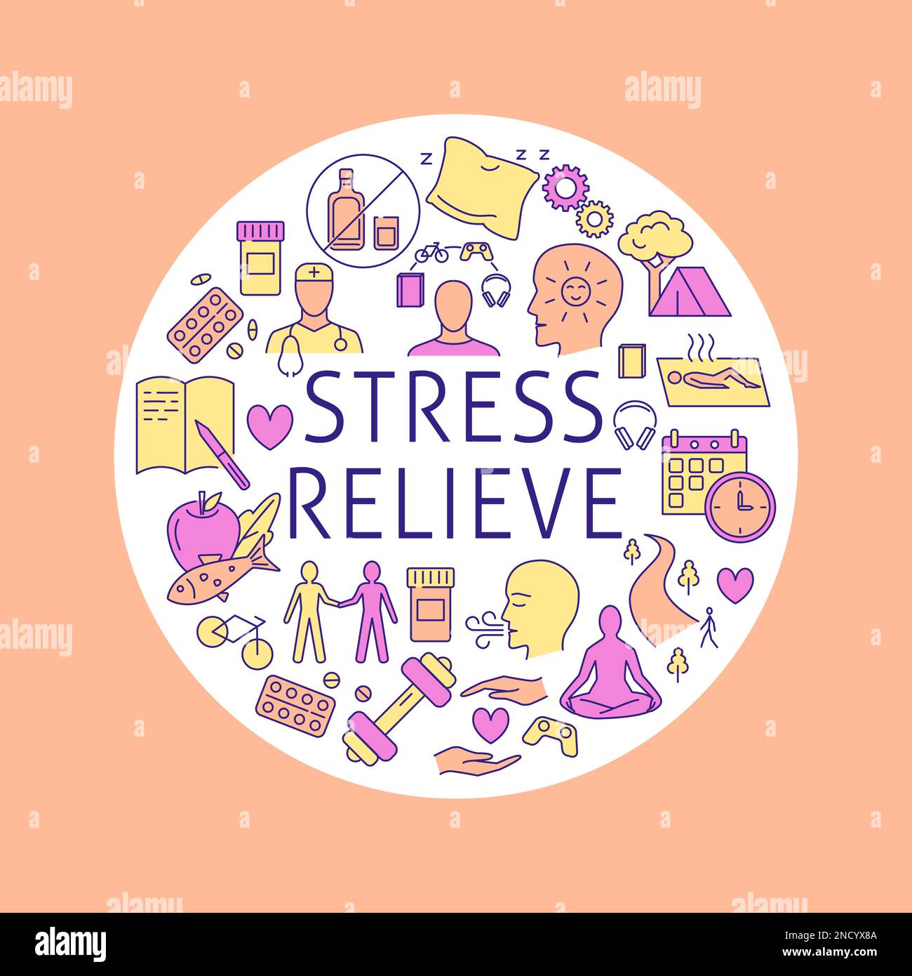 Healthcare and stress relieve round concept banner in colored line ...