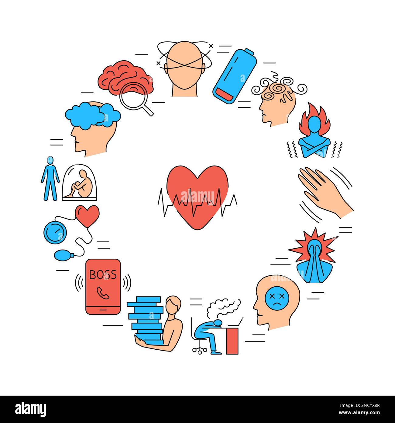 Round banner with stress symptoms in colored line style. Work overload ...