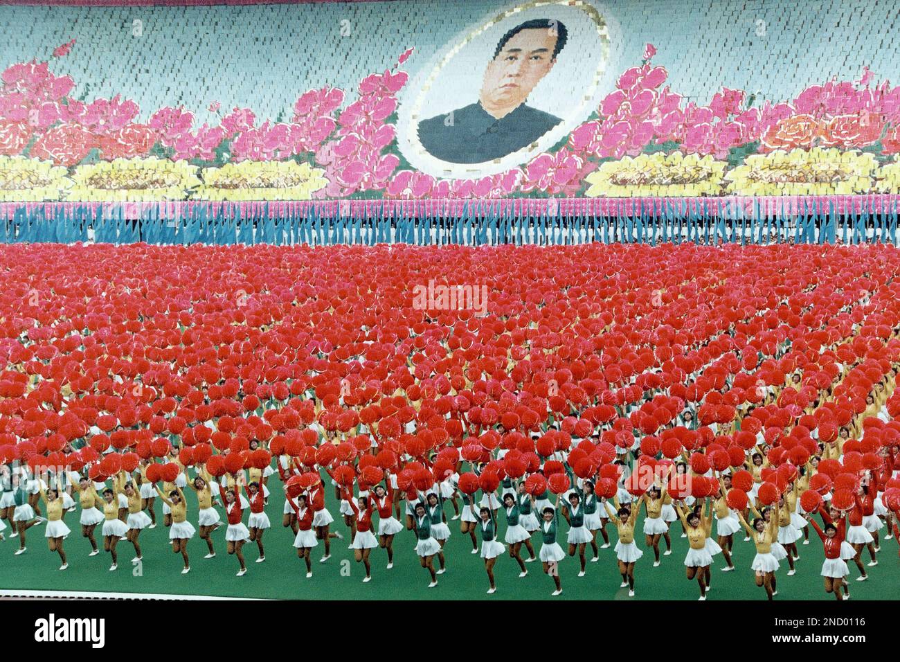 A huge portrait of North Korean President Kim II Sung is formed in the ...