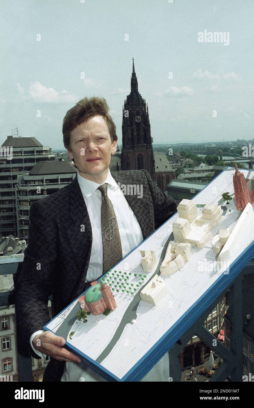 French tightrope walker Philippe Petit shows a model of his 250 feet ...