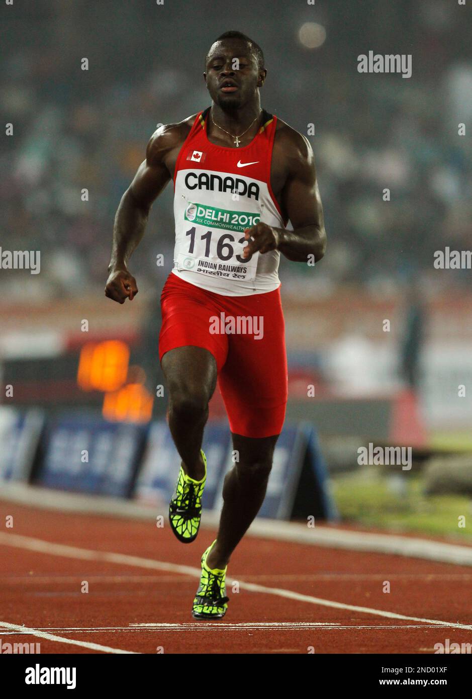Canada's Sam Effah crosses the finish line in a Men's 100m heat during ...