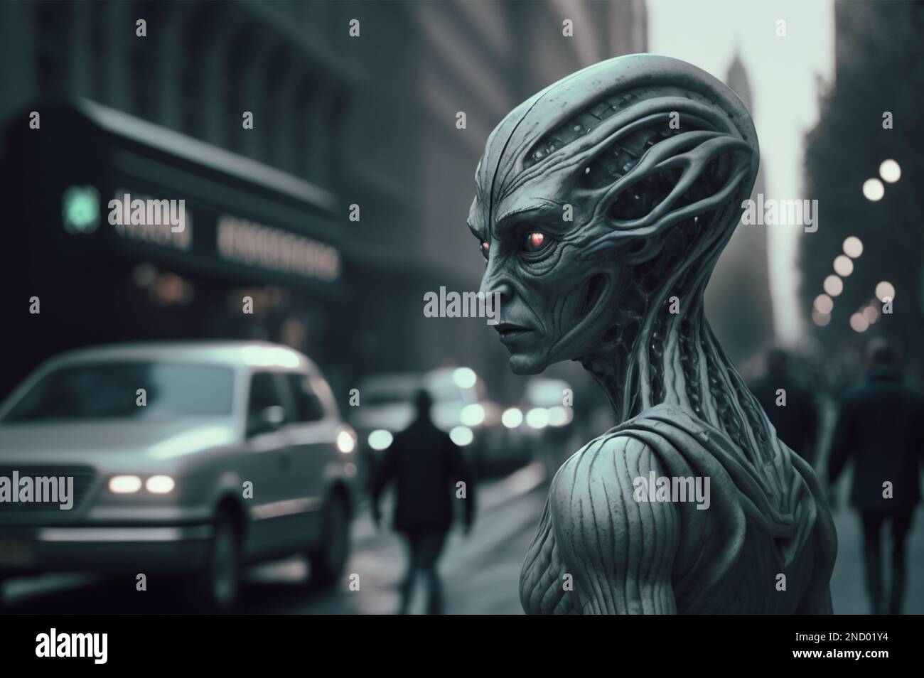 Angry alien. Humanoid in downtown. Portrait of an alien on a dark ...