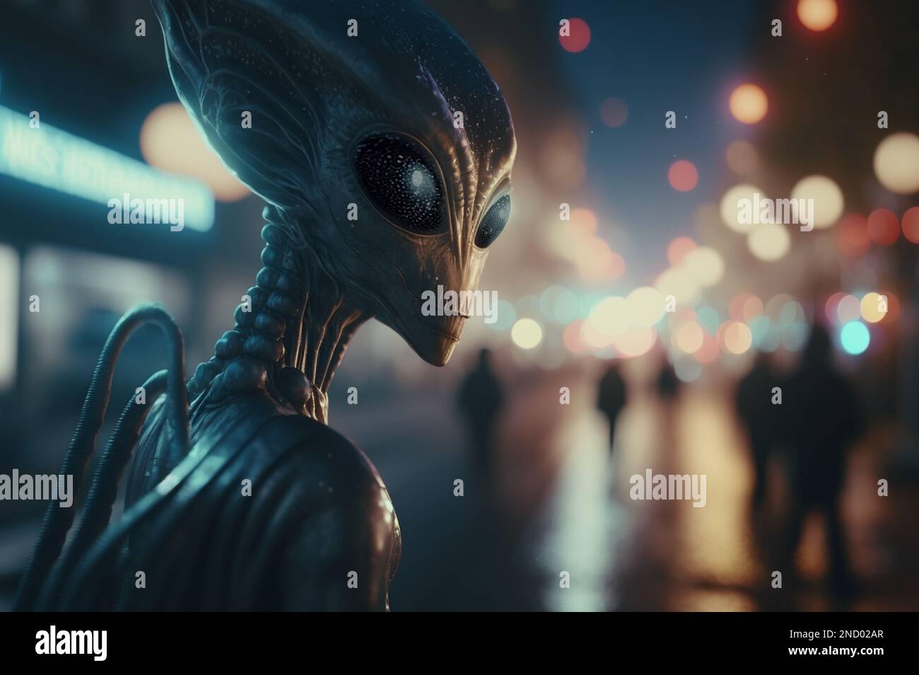 Angry alien. Humanoid in downtown. Portrait of an alien on a dark ...