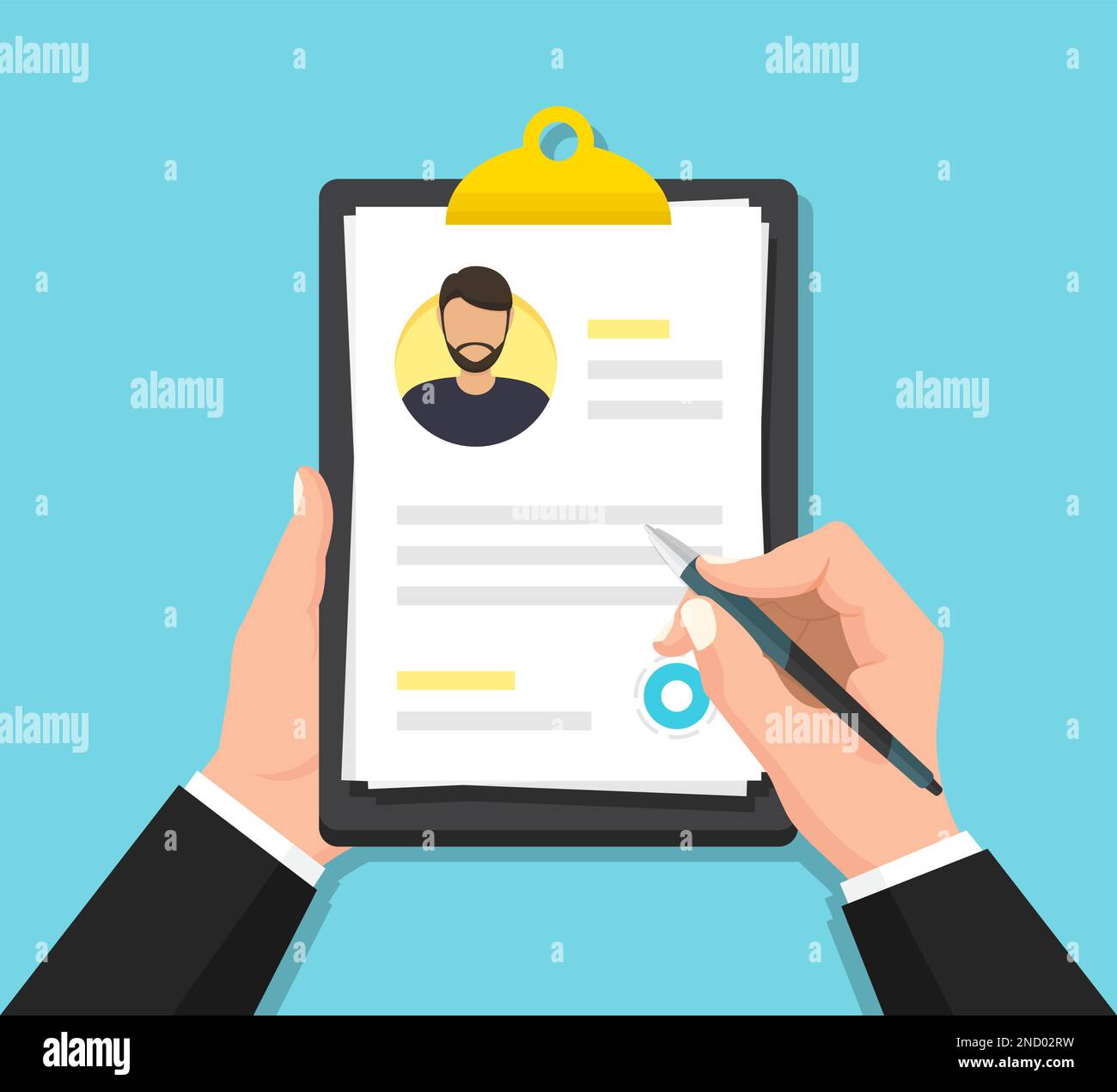 Hands holding man resume document in clipboard in a flat design Stock ...