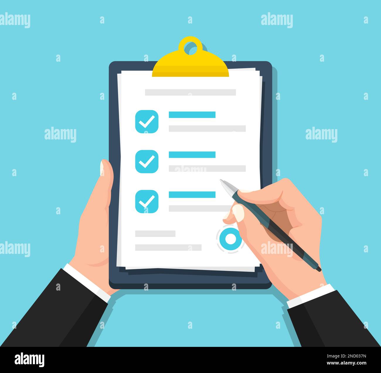 Businessman hands holding clipboard checklist with pen in a flat design ...