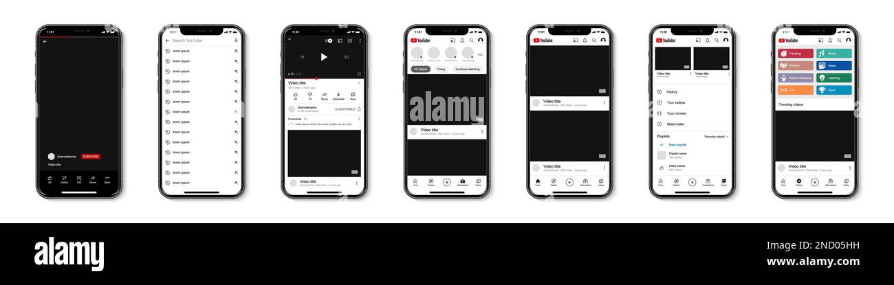 Set of Iphones with Youtube template frame for social network. Youtube ...