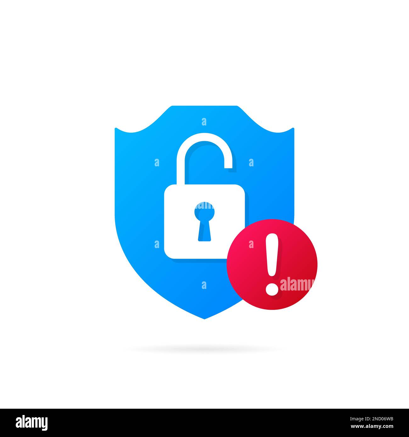 Open protection system. Blue shield with open lock and warning sign ...