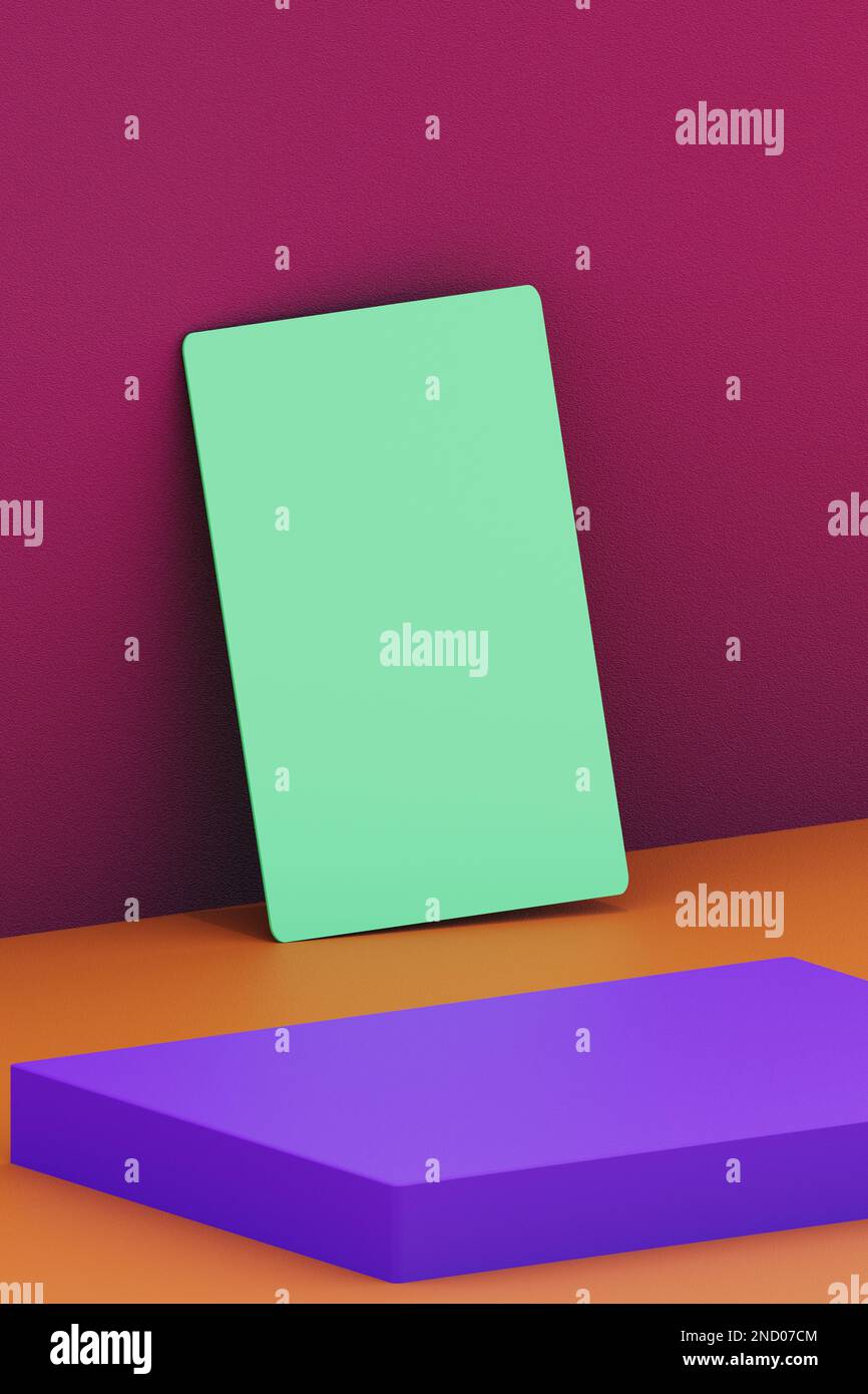 A vertical 3D-rendered green-colored card template over the orange ...