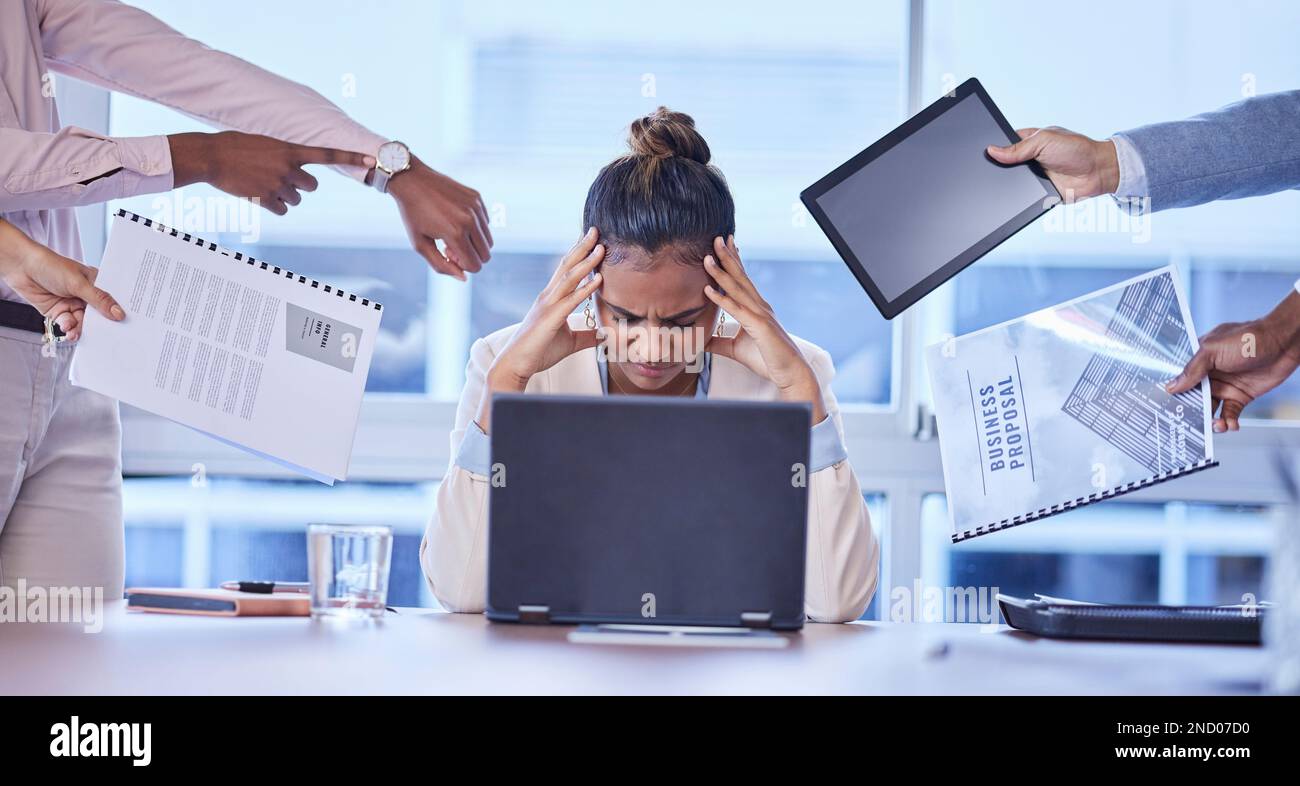 Stress, headache and business woman with group of people for ...