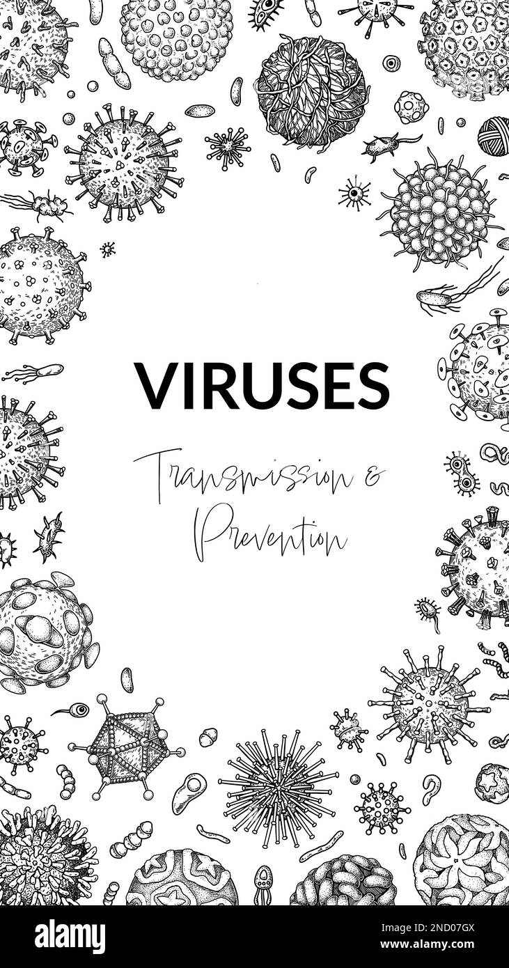 Virus vertical background in sketch style. Hand drawn bacteria, germ ...