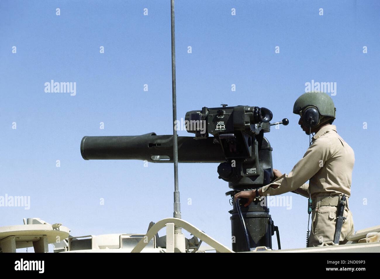 A Saudi Arabian soldier manning a rocket launcher unit during a ...