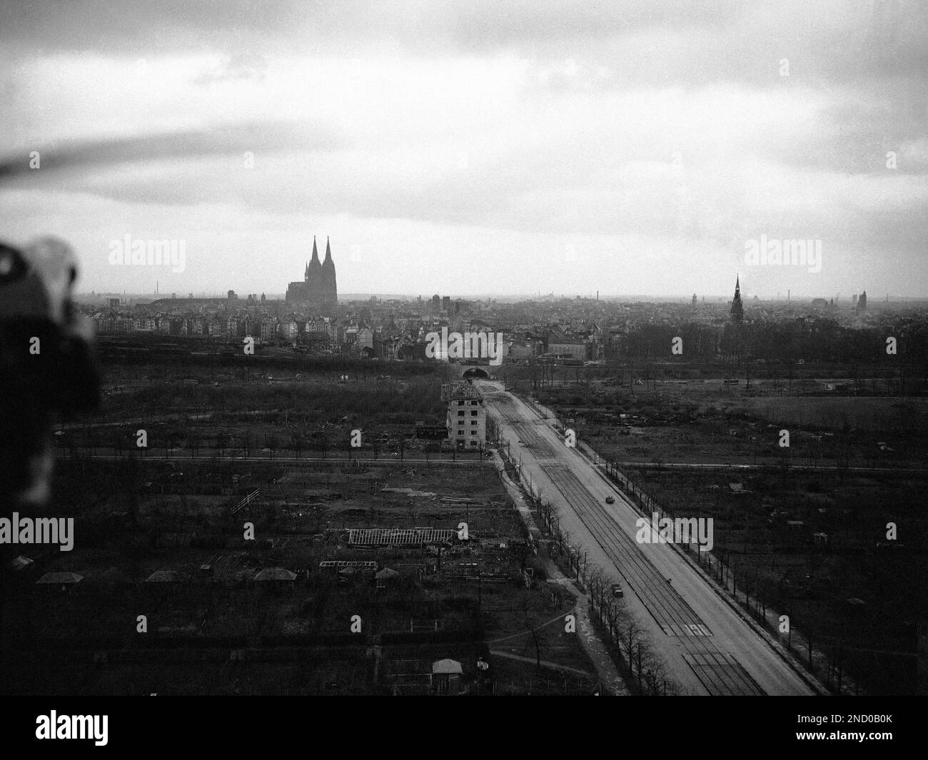 View of Cologne taken from a Cub spotter plane flying low over the city ...
