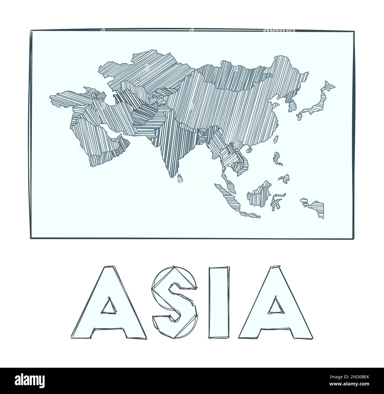 Sketch map of Asia. Grayscale hand-drawn map of the continent. Filled ...
