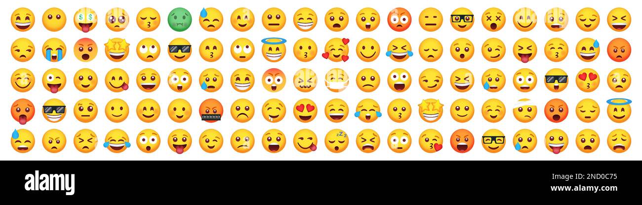 Big set of 100 emoticon smile icons. Cartoon emoji set. Vector emoticon ...