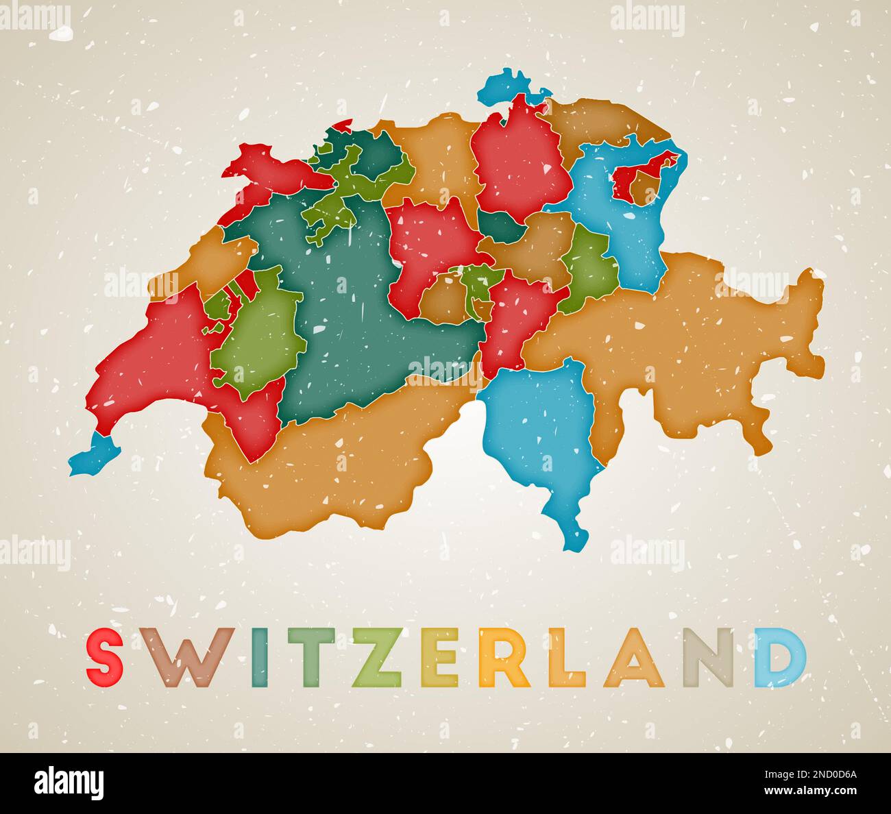 Switzerland map. Country poster with colored regions. Old grunge ...