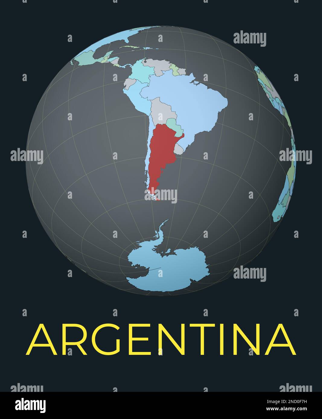 World map centered to Argentina. Red country highlighted. Satellite ...