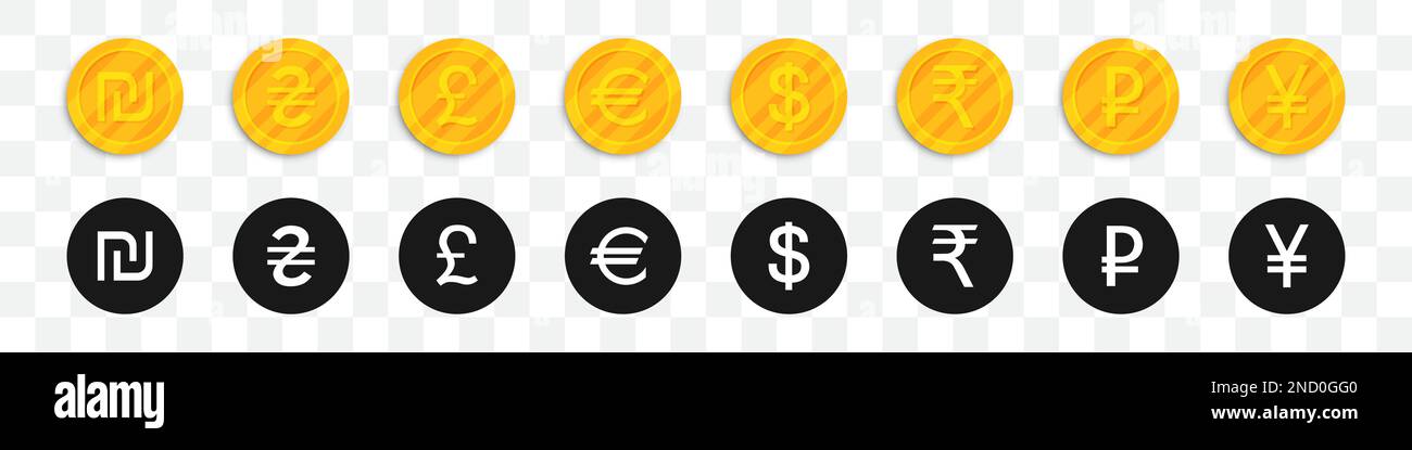Set of golden coins most used currency symbols icon Stock Vector Image ...