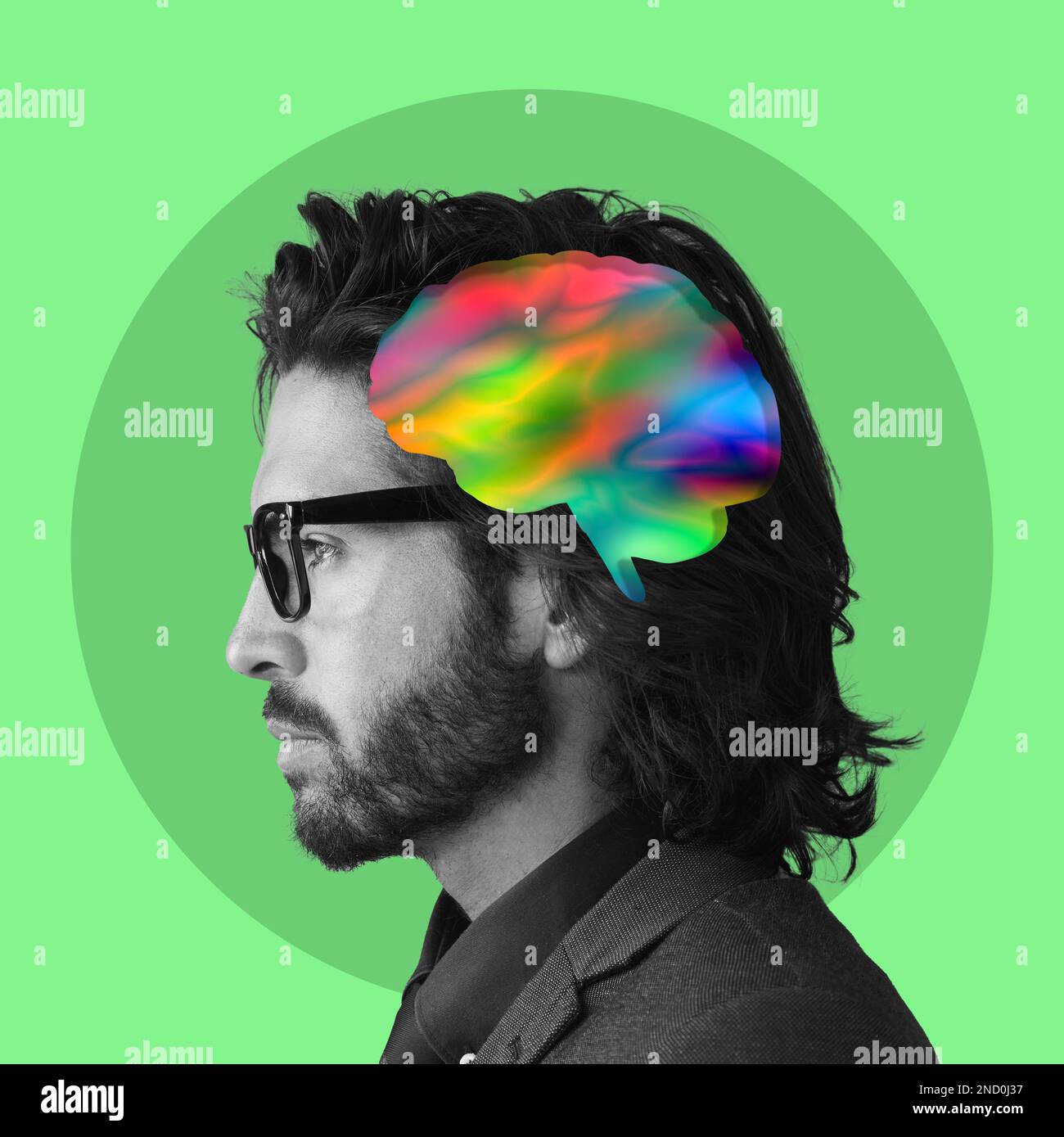 Creative thinking, brain and face of man on green background with ideas ...