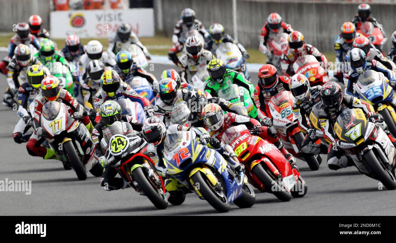 Spain's Moto2 rider Toni Elias on a Moriwaki, (24), leads the pack on ...