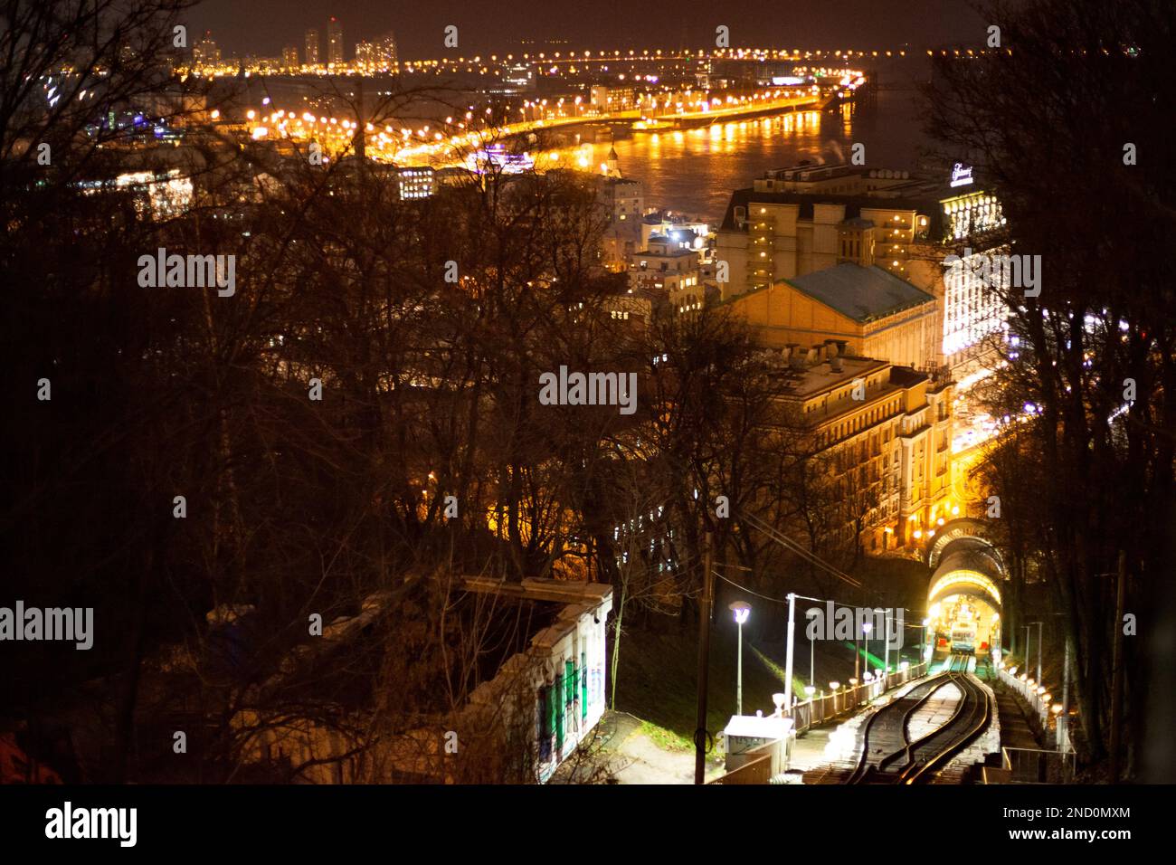 Nighttime Kyiv. Capital of Ukraine. Sight. View from the funicular to ...