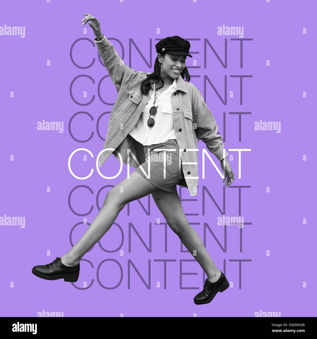 Happy woman, fashion influencer and words of motivation, overlay and ...