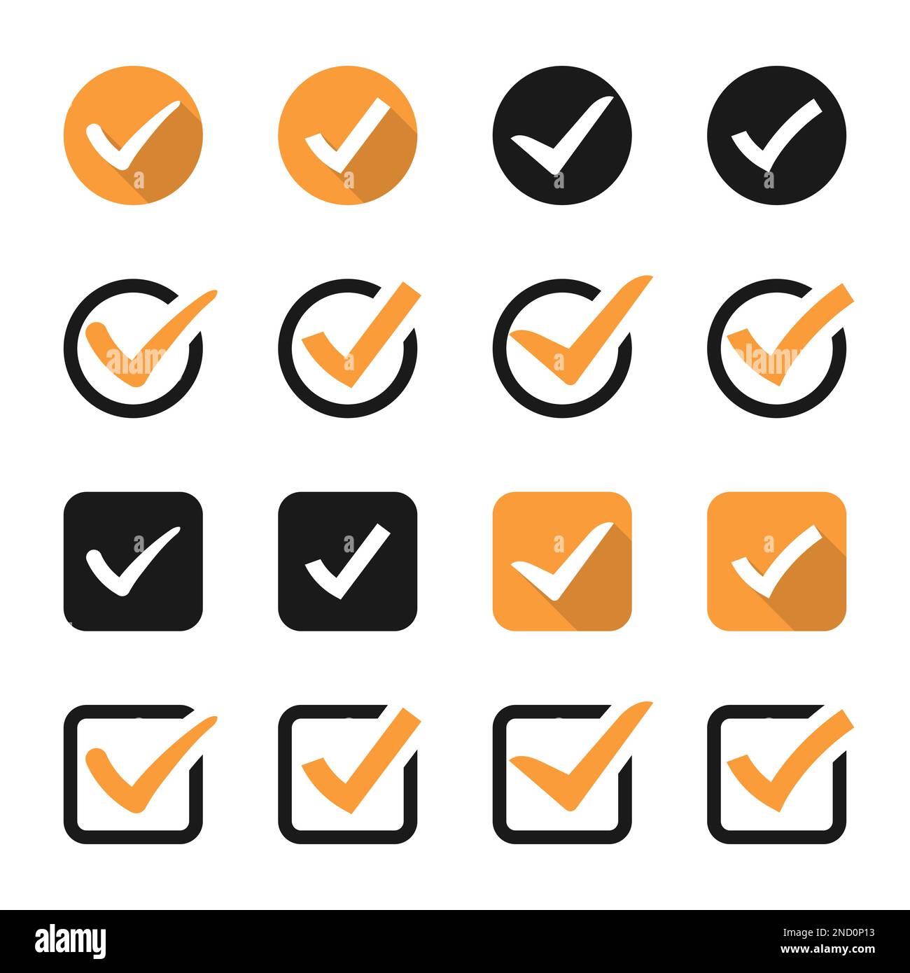 Check mark icons collection. Set of orange tick icons. Checkmark symbol ...