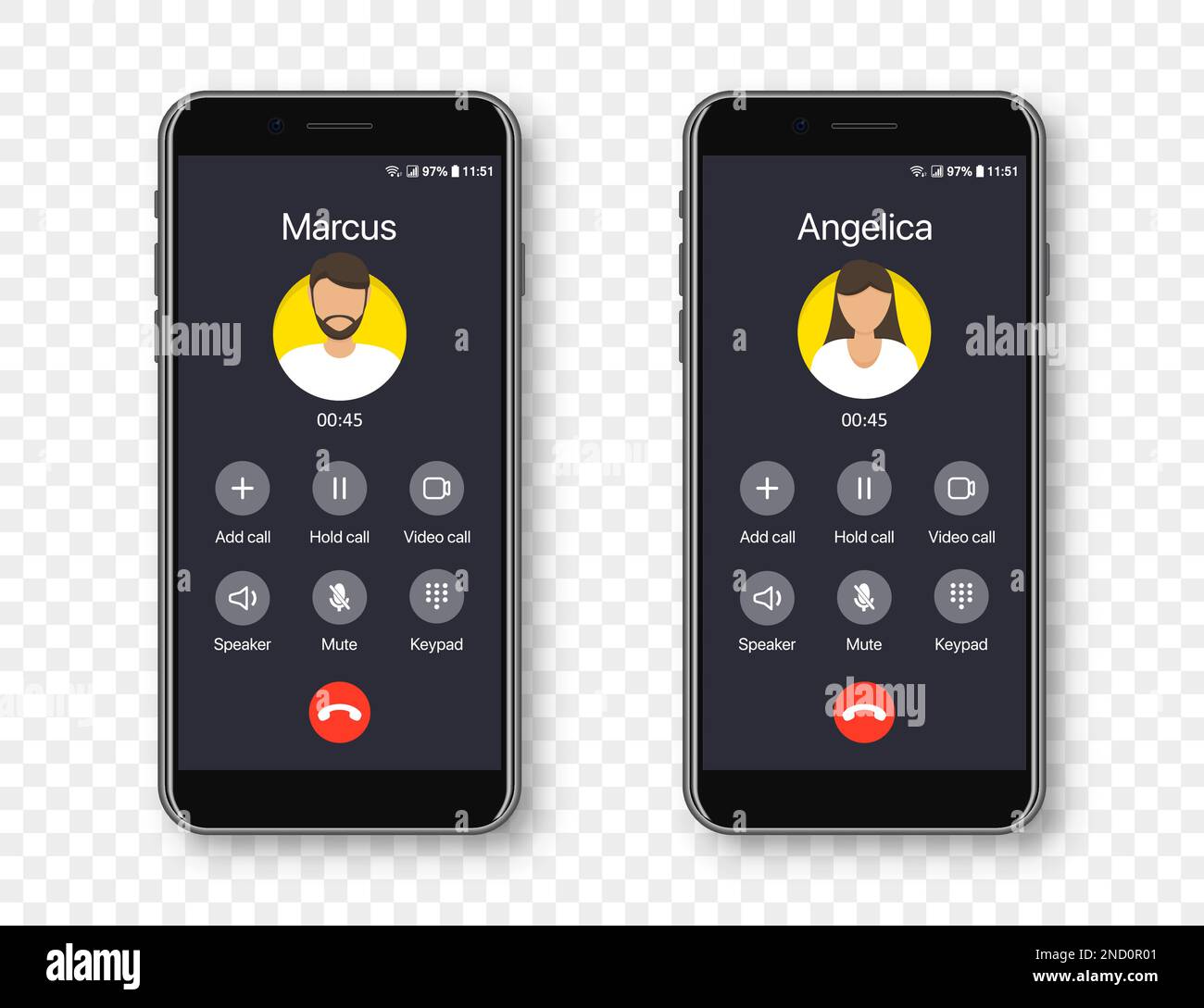 Smartphone call app interface template with man and woman user icon ...