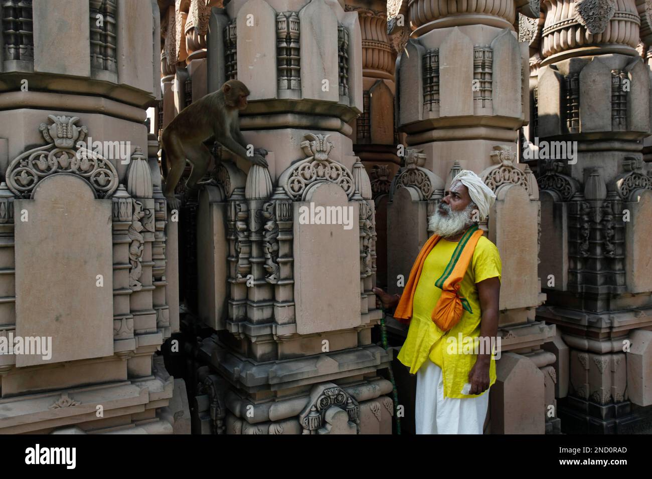 A Sadhu, or Hindu holy man, looks at a monkey in a courtyard with ...