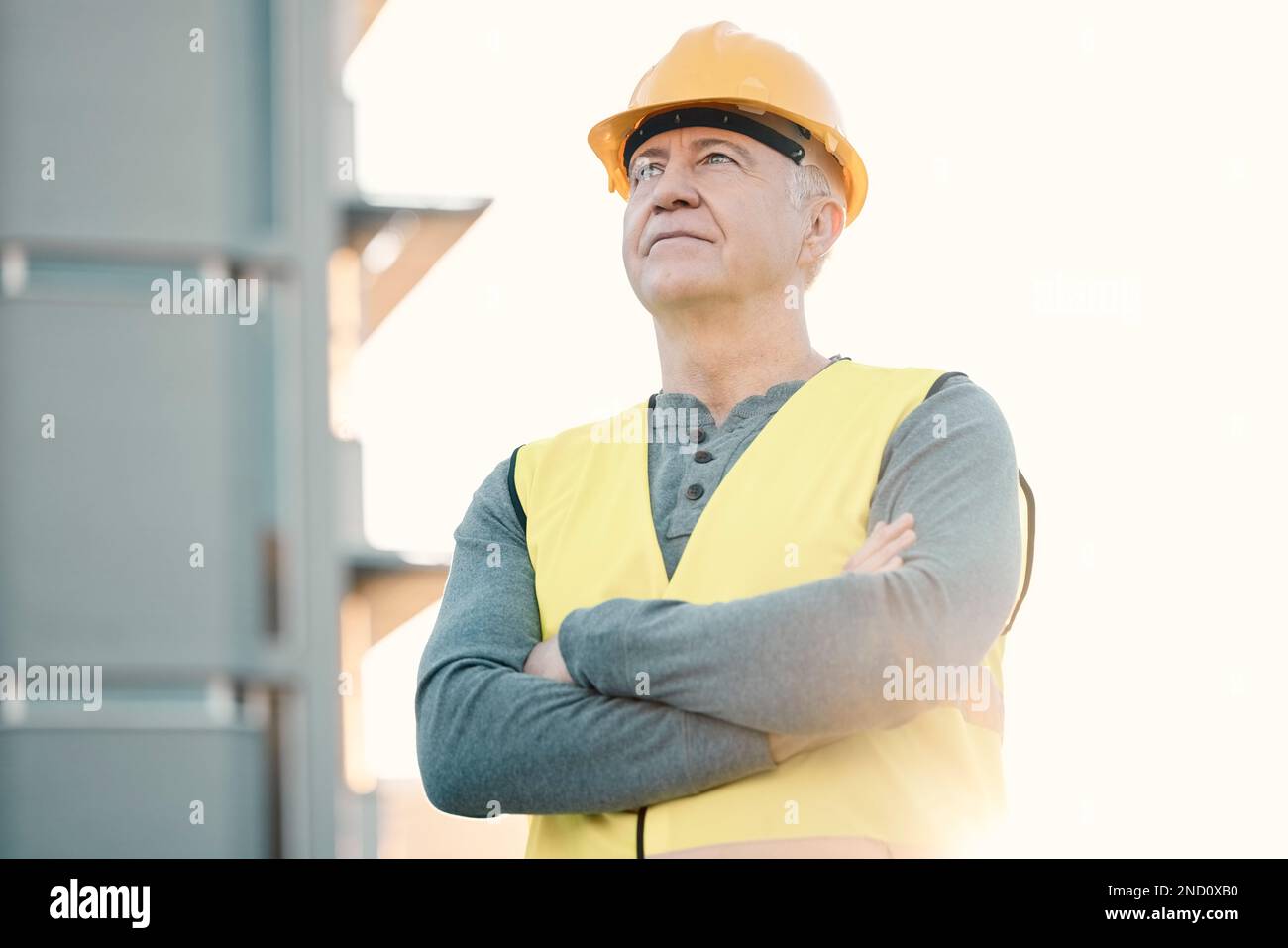 Construction worker, senior man and architecture, building industry and ...