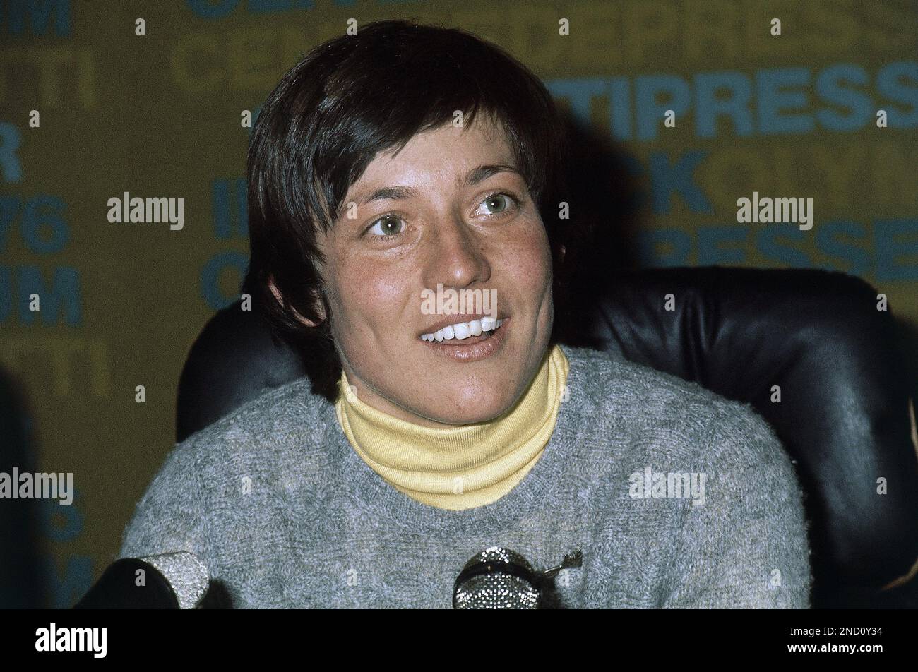 Portrait of German alpine ski racer Rosi Mittermaier three time Olympic ...