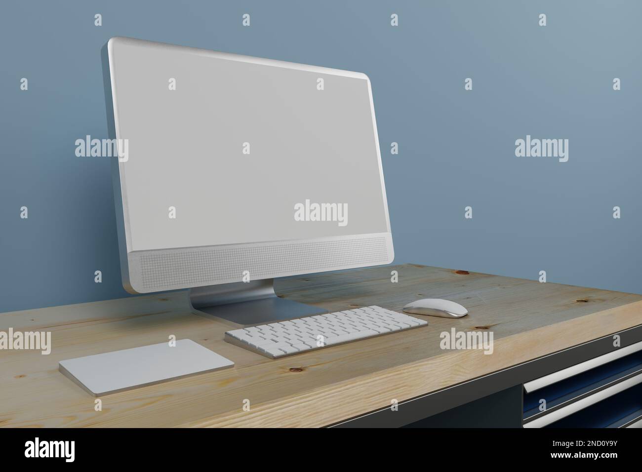 3d Computer monitor, wireless mouse, keyboard float on blue background ...