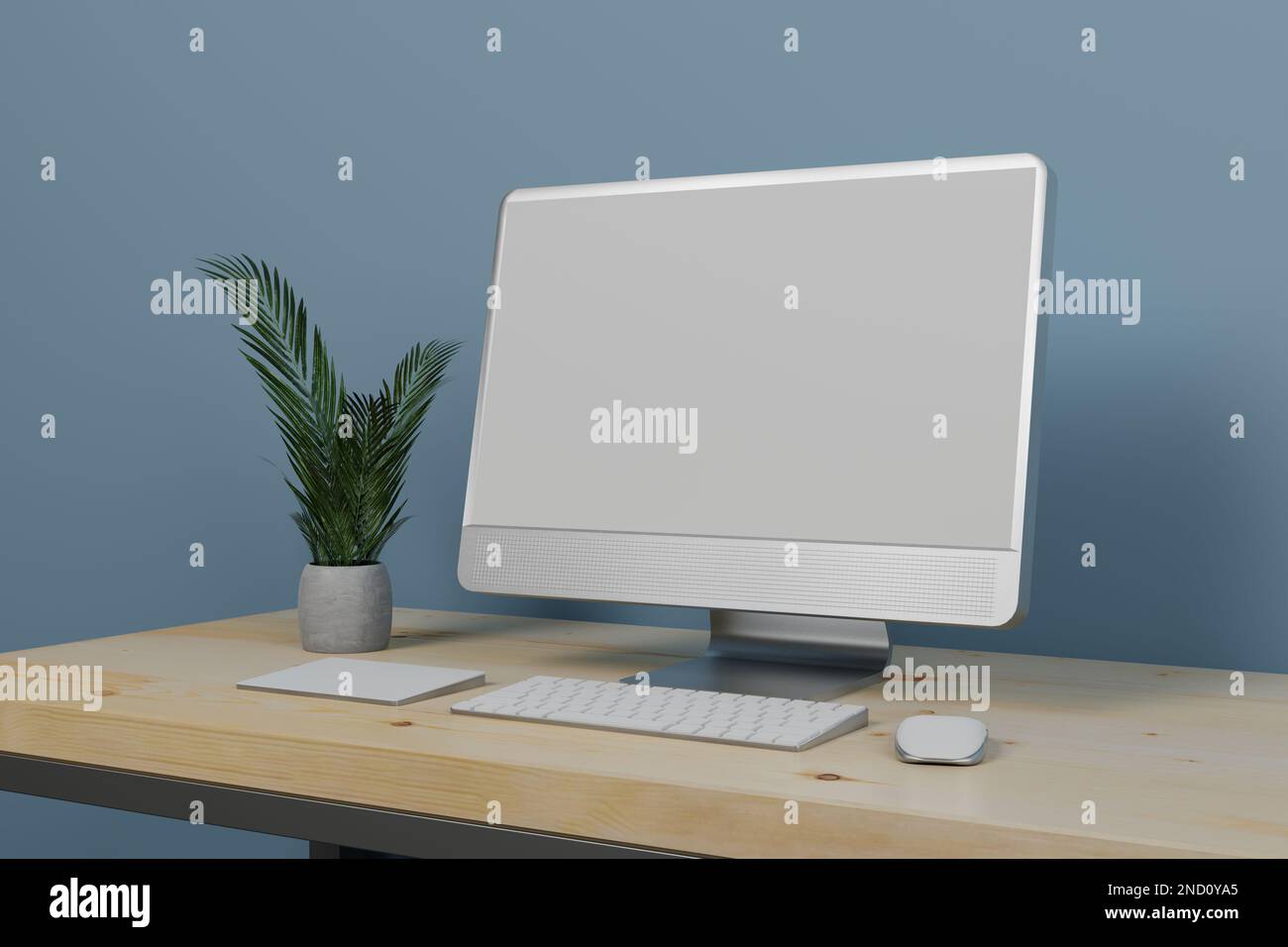 3d Computer monitor, wireless mouse, keyboard float on blue background ...