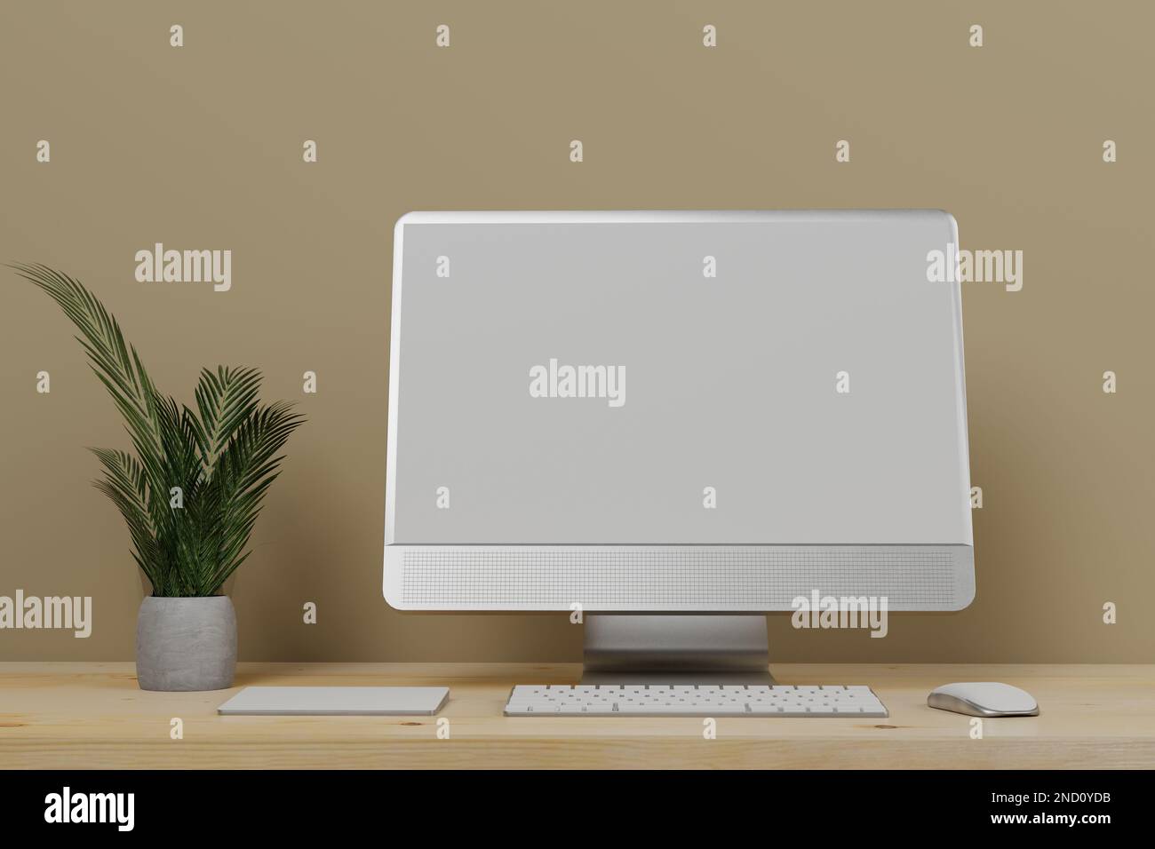 3d Computer monitor, wireless mouse, keyboard float on brown background ...