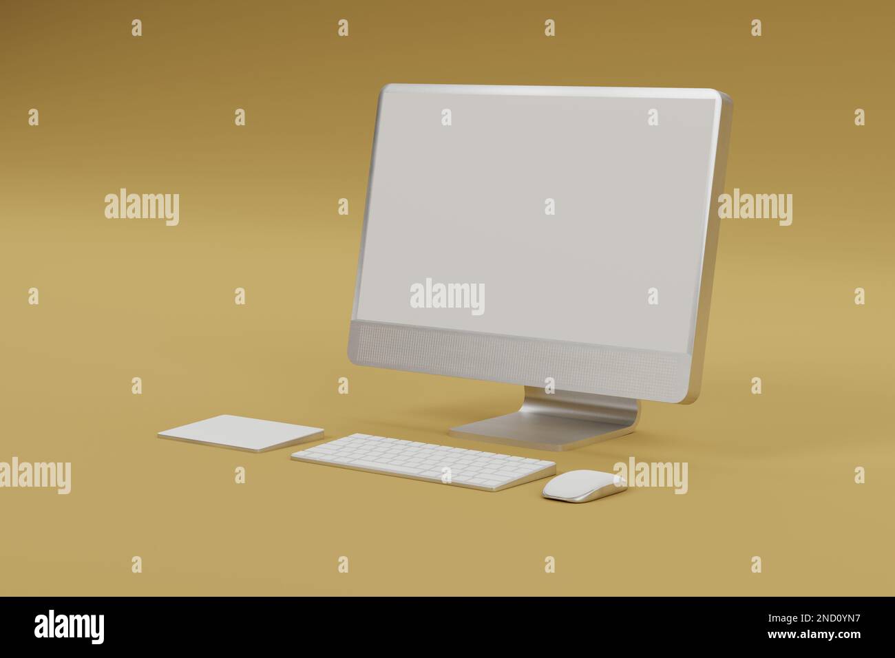 3d Computer monitor, wireless mouse, keyboard float on yellow background. Social media marketing ...