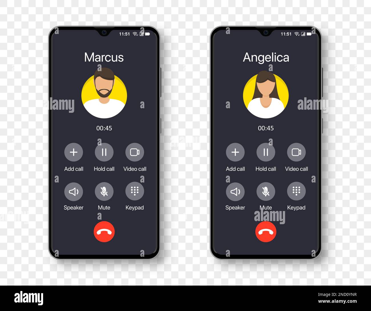 Smartphone call app interface template with man and woman user icon ...