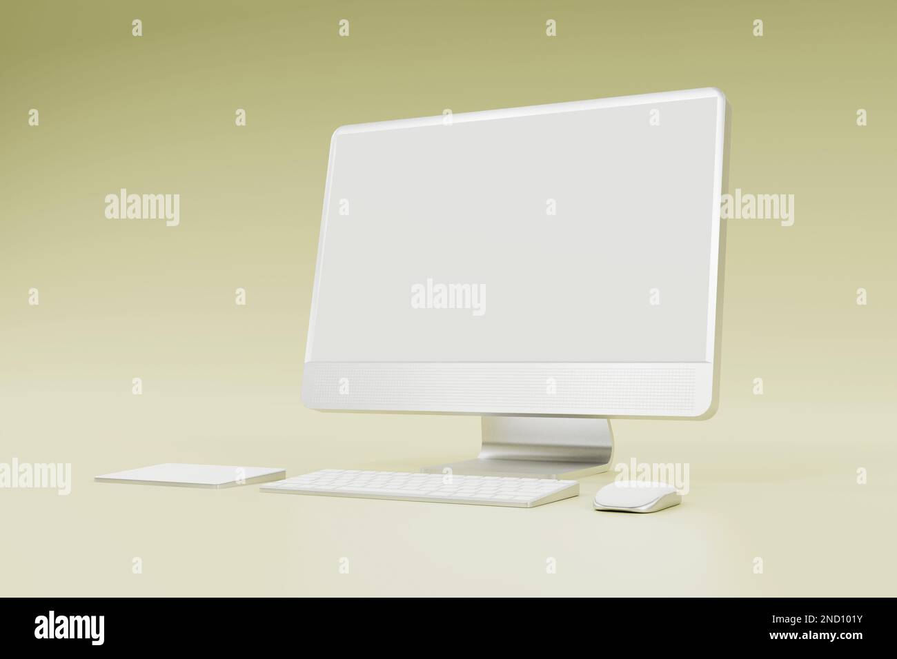 3d Computer monitor, wireless mouse, keyboard float on yellow ...