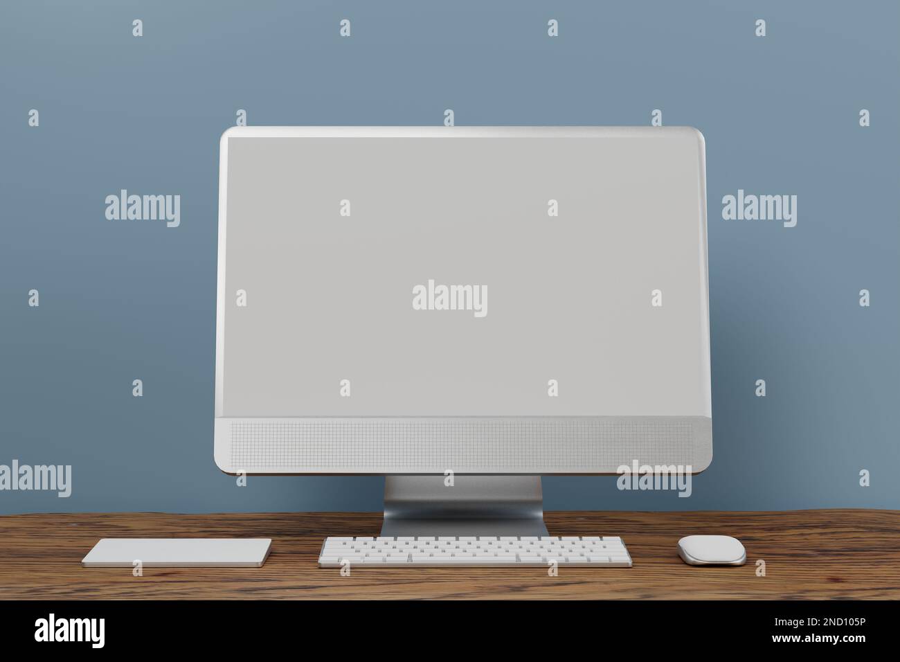 3d Computer monitor, wireless mouse, keyboard float on blue background ...