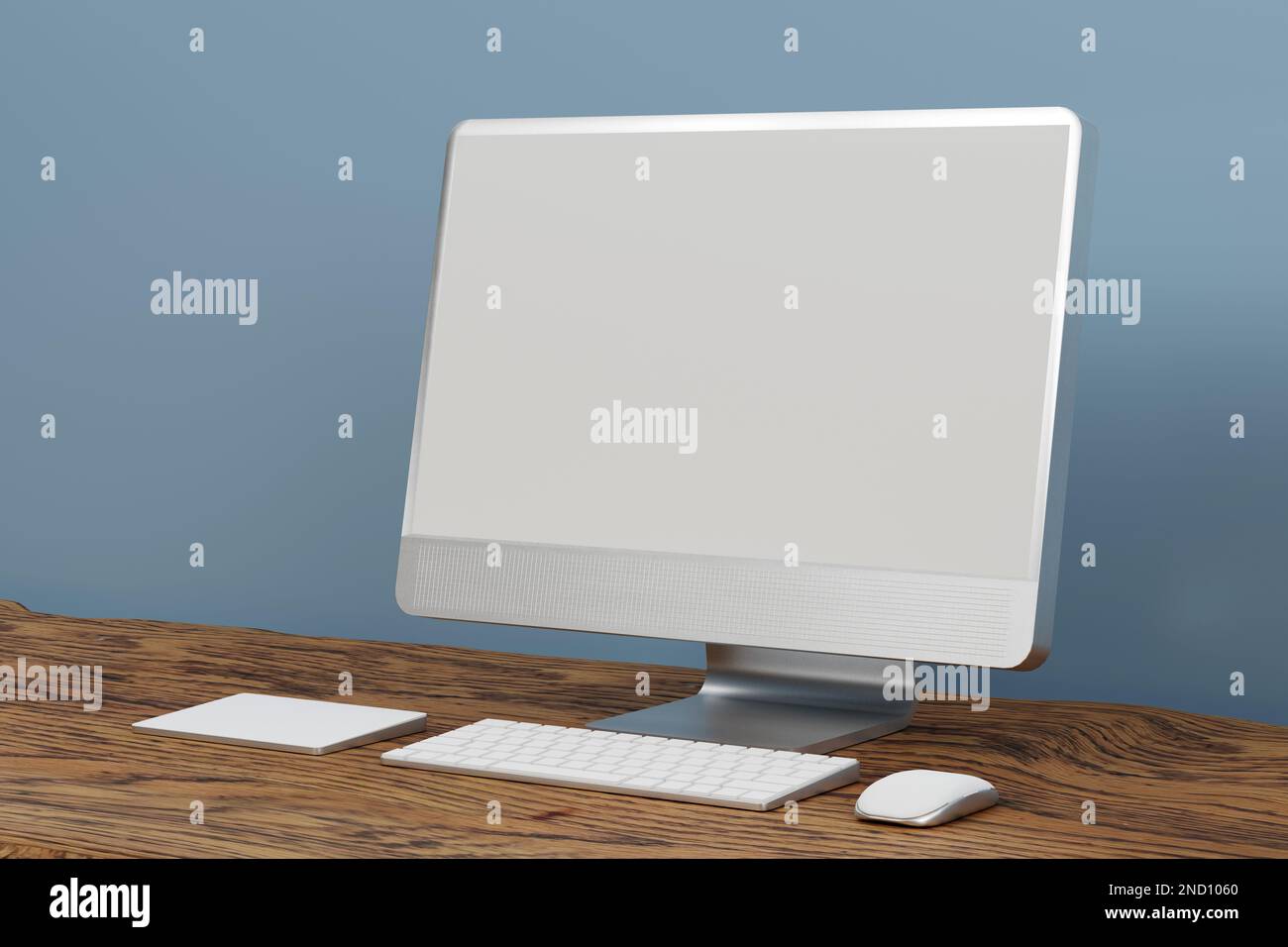 3d Computer monitor, wireless mouse, keyboard float on blue background ...