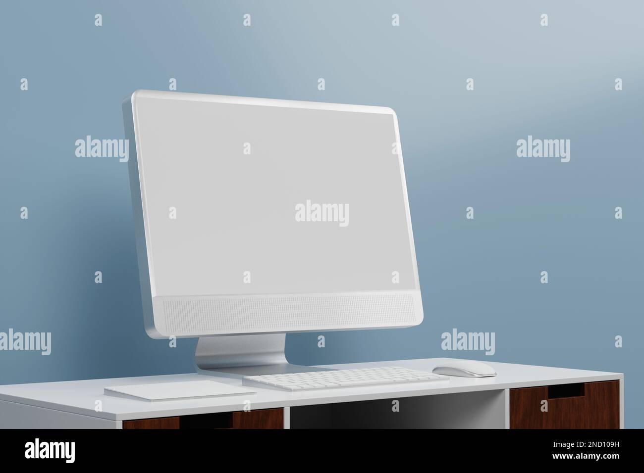 3d Computer monitor, wireless mouse, keyboard float on blue background ...