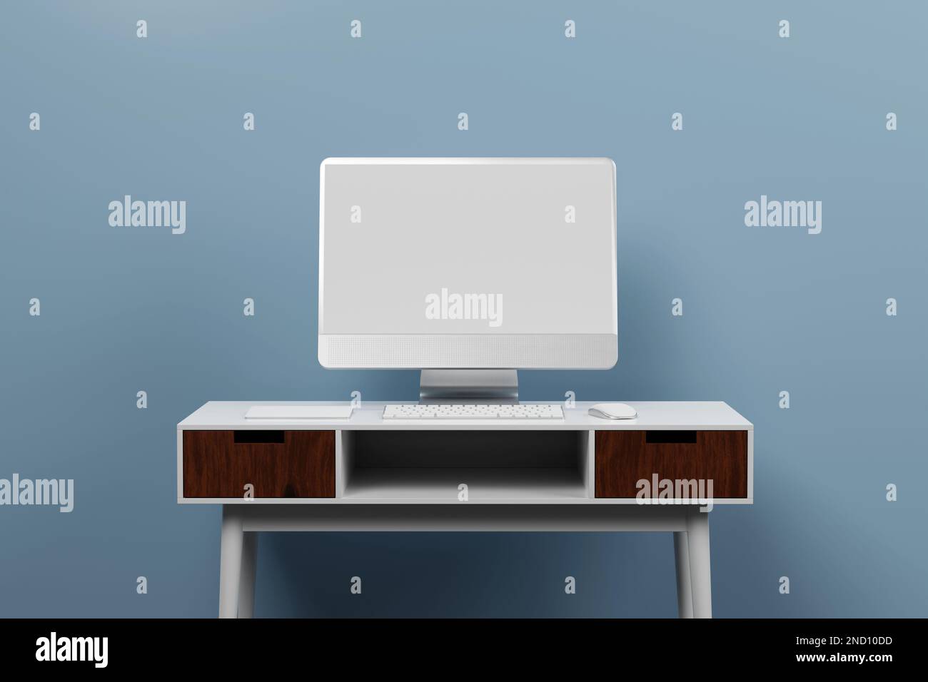 3d Computer monitor, wireless mouse, keyboard float on blue background ...