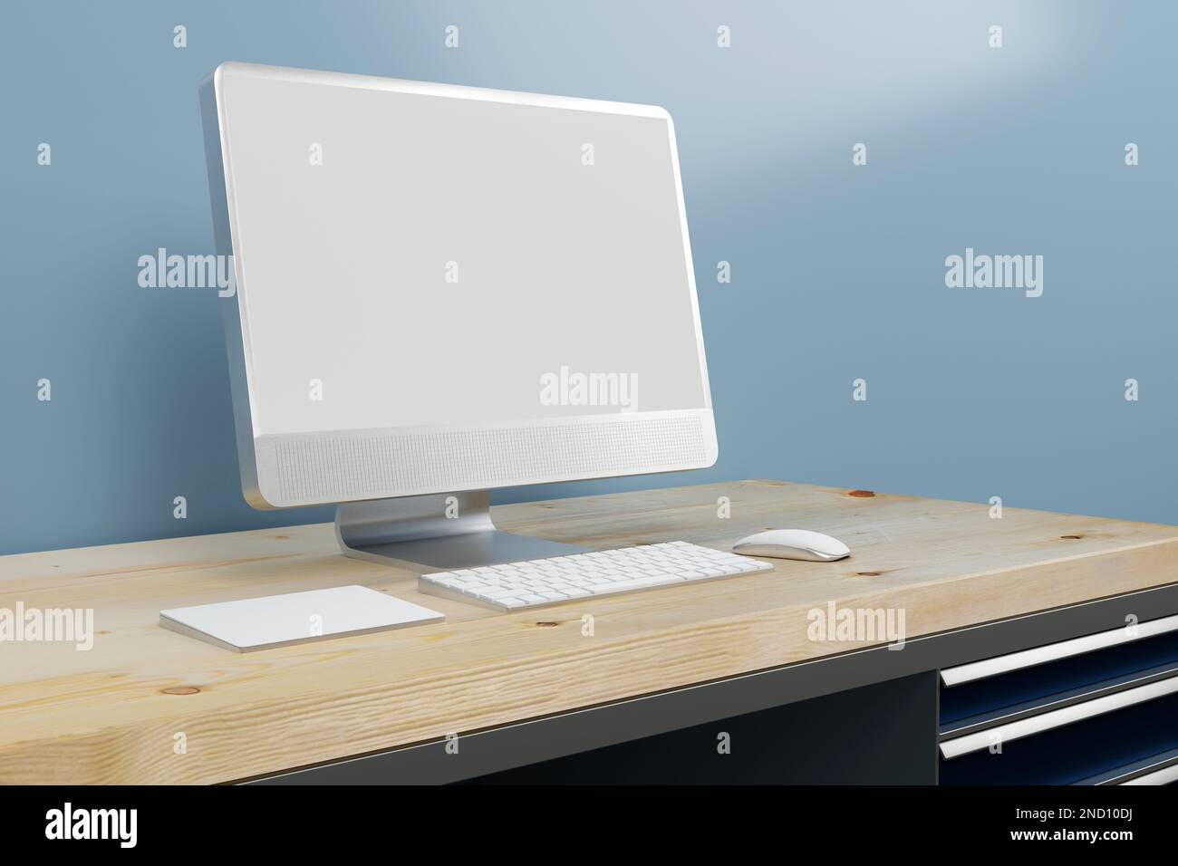 3d Computer monitor, wireless mouse, keyboard float on blue background ...