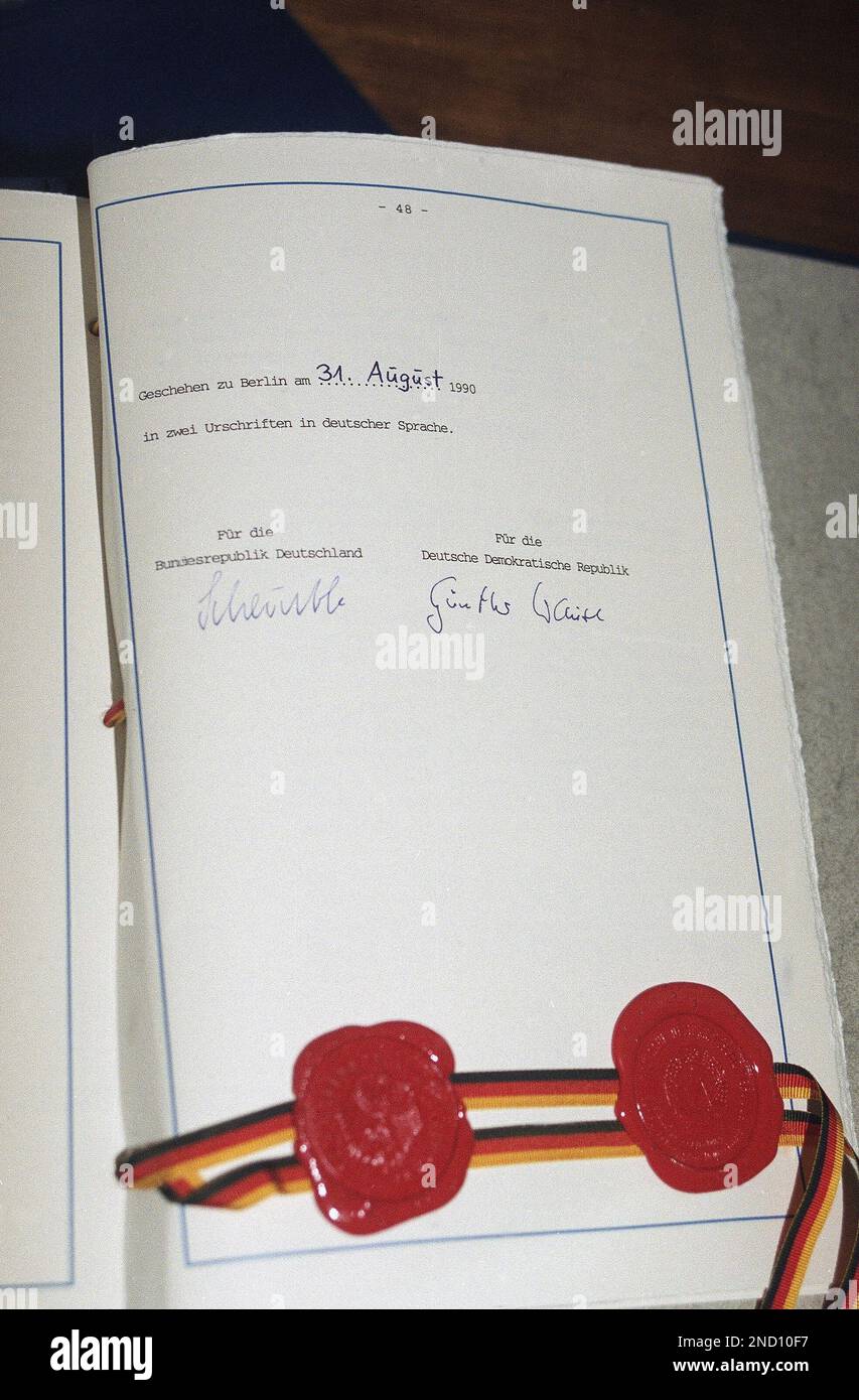 File - This Aug. 31, 1990 file photo shows the last page of the German ...