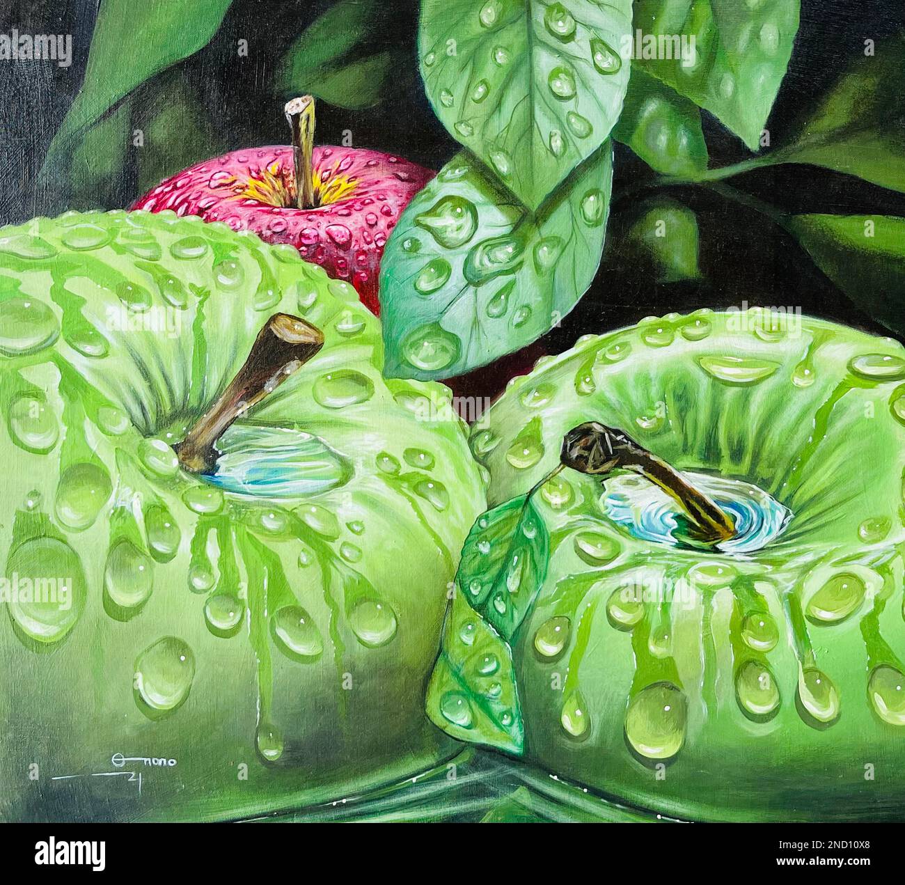 Realistic Apple painting with beautiful water drops and leaves Stock ...