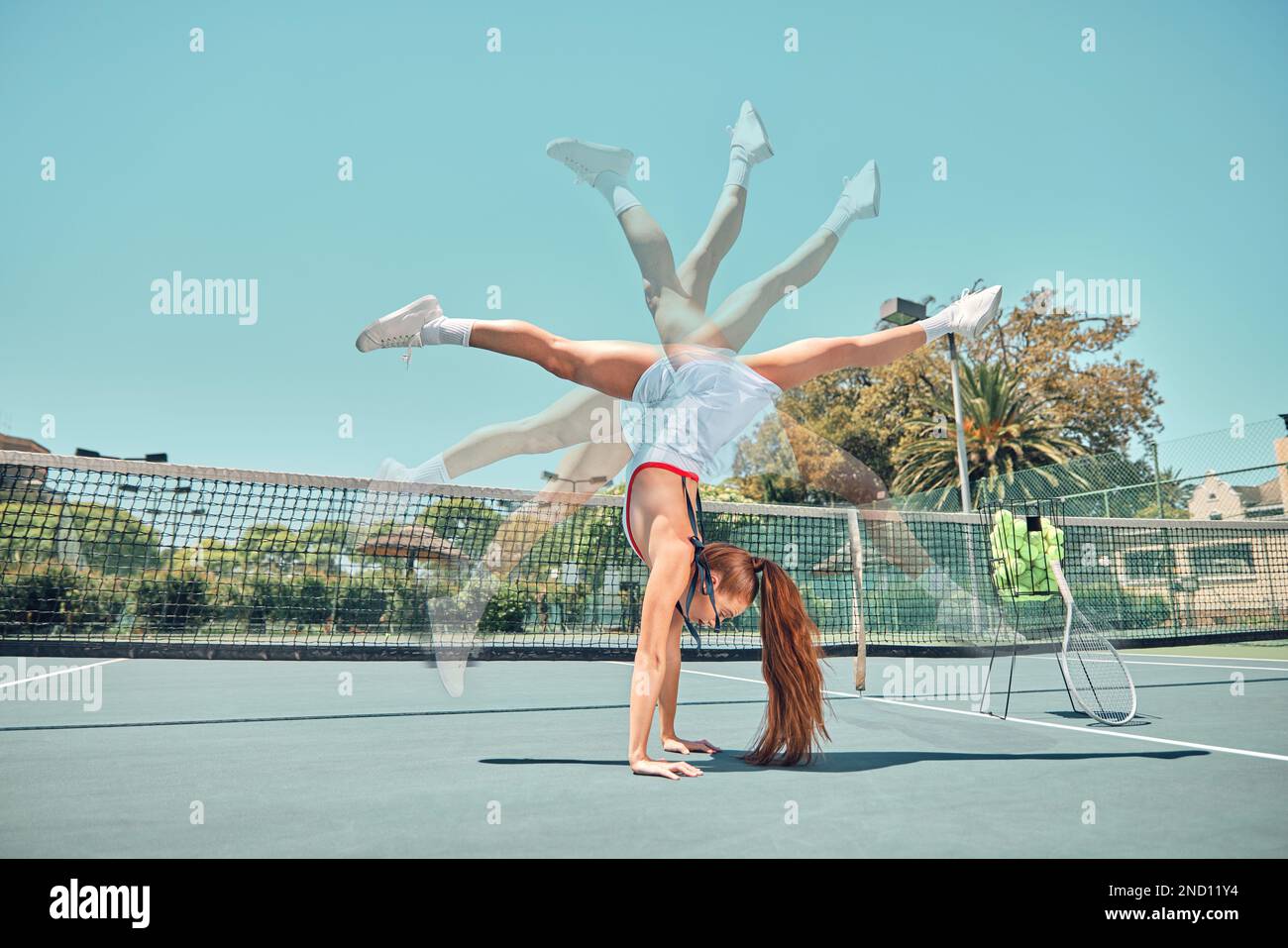 Woman, tennis and handstand for balance, sport or summer sunshine in ...