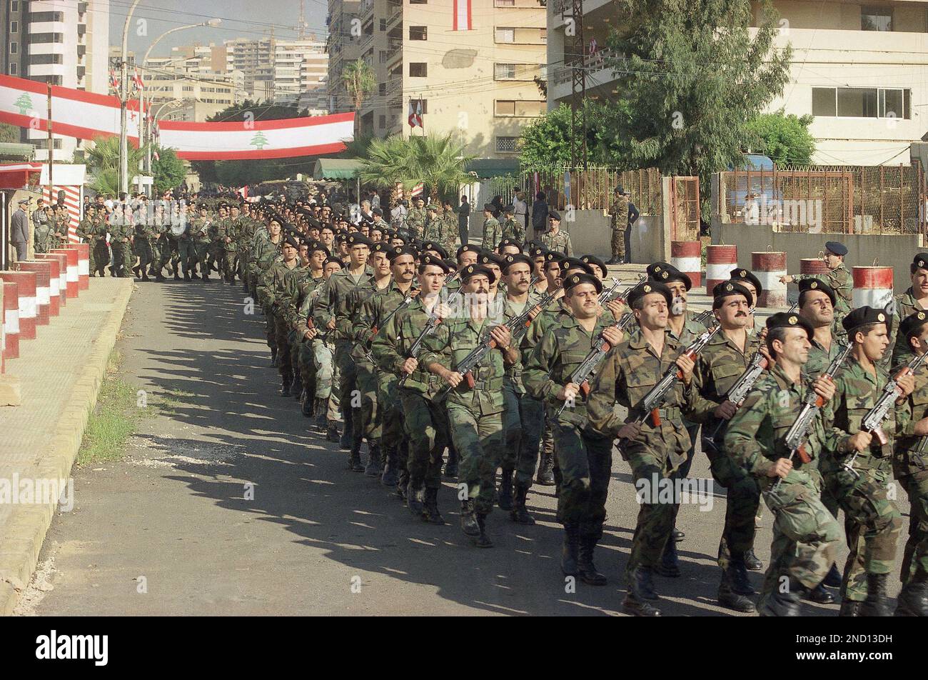 Lebanese army on Independence Day rally in Lebanon Nov. 22, 1990. (AP ...