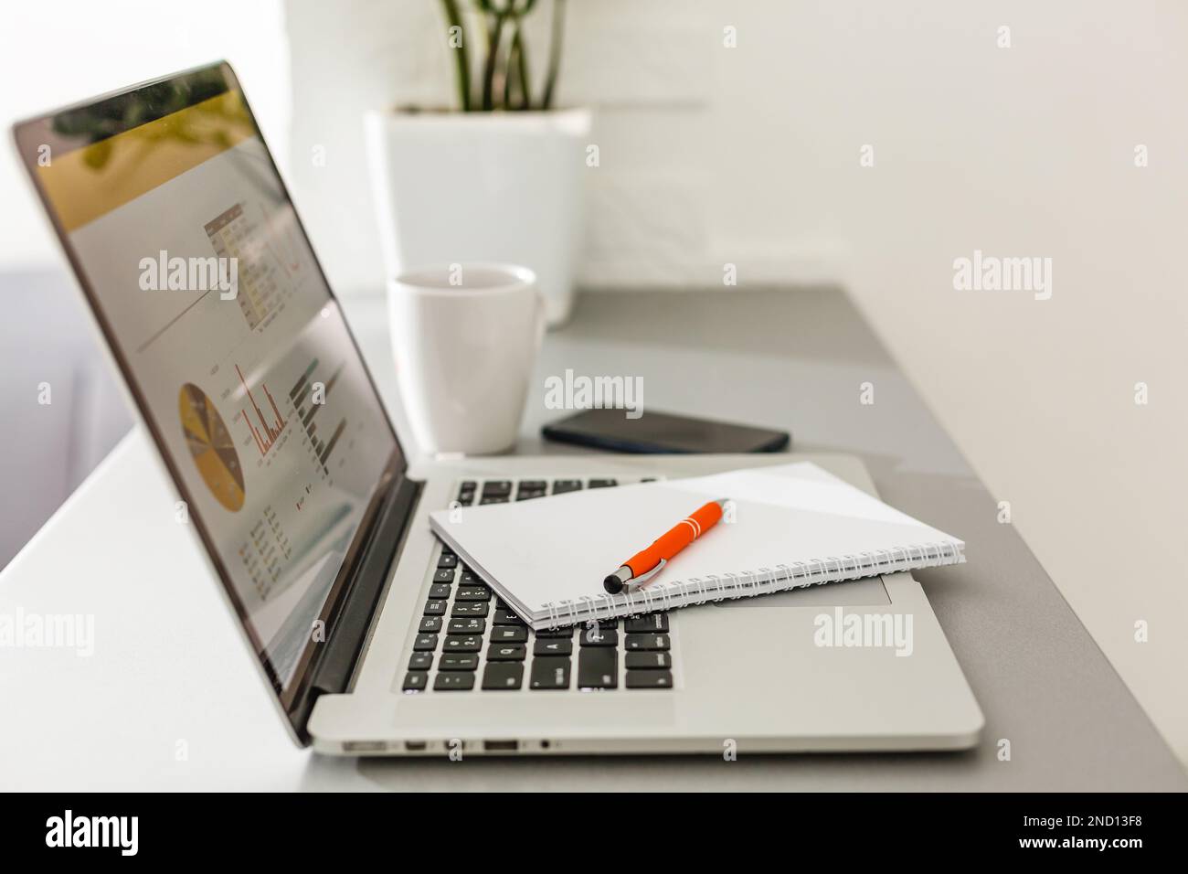 Home office. laptop screen with charts and diagrams Stock Photo - Alamy